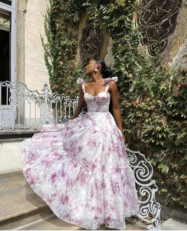 Flower Pattern Prom Dress Spaghetti Strap Princess Formal Occasion Dre ...