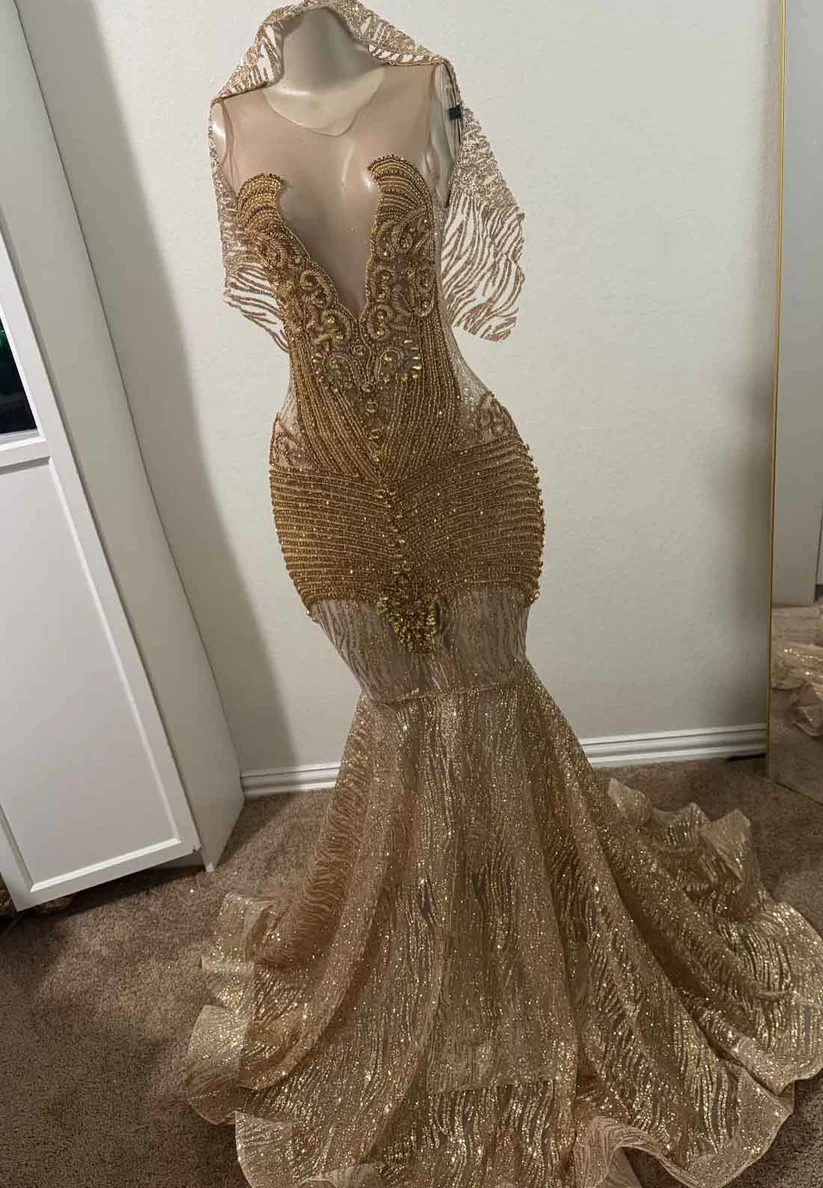 Gold V-Neck Sleeveless Beadedd Pleated Mermaid Prom Dress for Black Gi ...