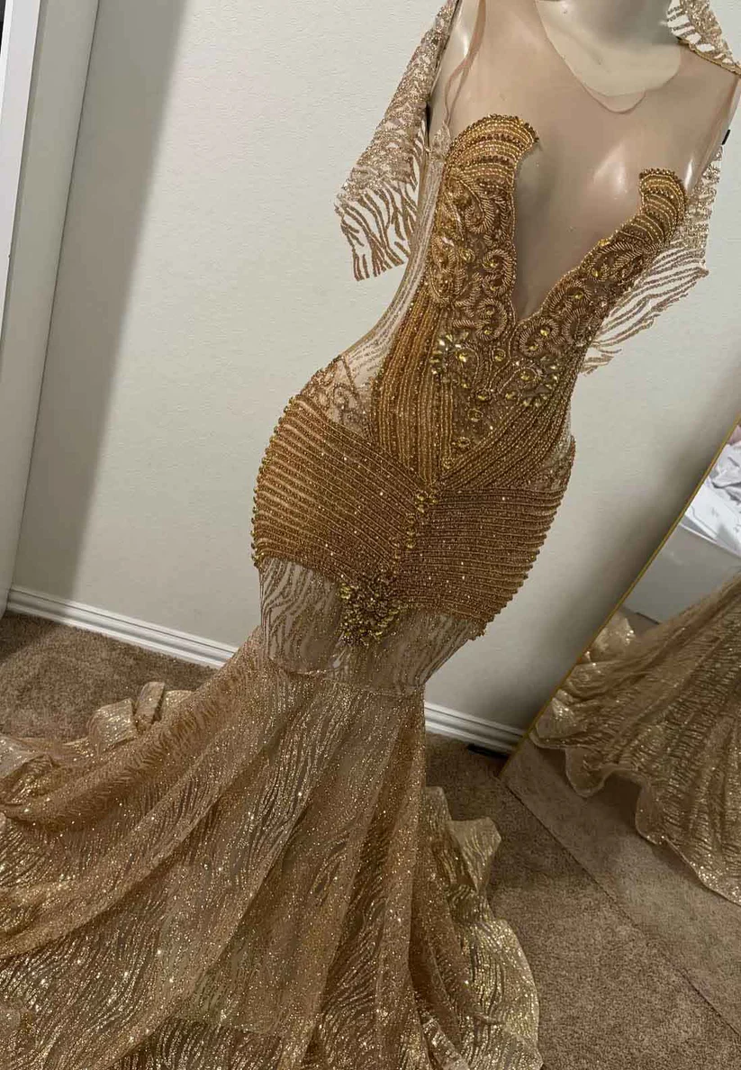 Gold V-Neck Sleeveless Beadedd Pleated Mermaid Prom Dress for Black Gi ...