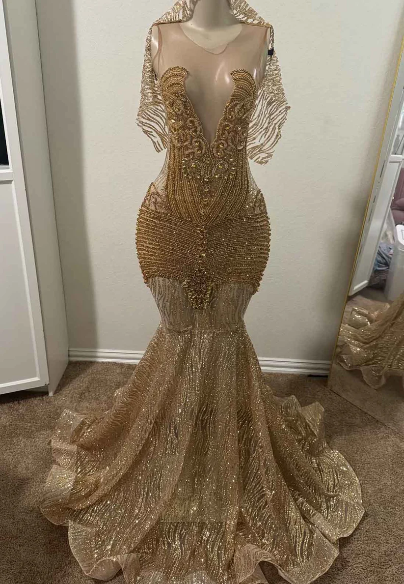 Gold V-Neck Sleeveless Beadedd Pleated Mermaid Prom Dress for Black Gi ...