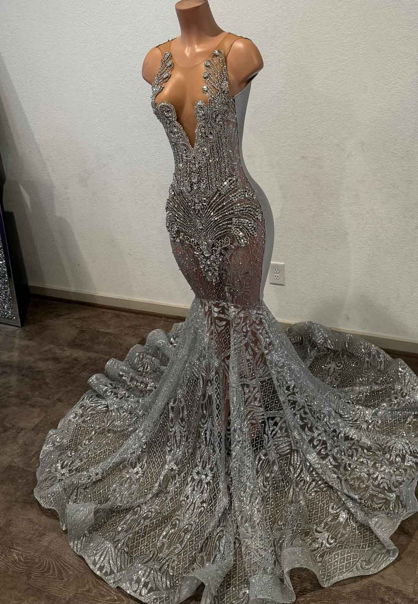 Grey Sparkly Appliques Sheer Beaded Mermaid Prom Dress for Black Girls ...