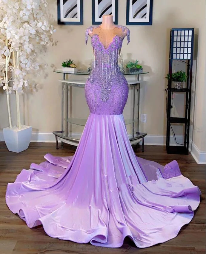 Lilac Purple Mermaid Prom Dress for Women Luxury Diamond Crystal Tasse ...