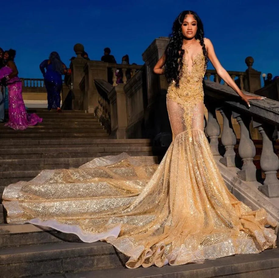 Gold Luxury Mermaid Prom Queen Dress for Women Sparkly Diamond Crystal ...