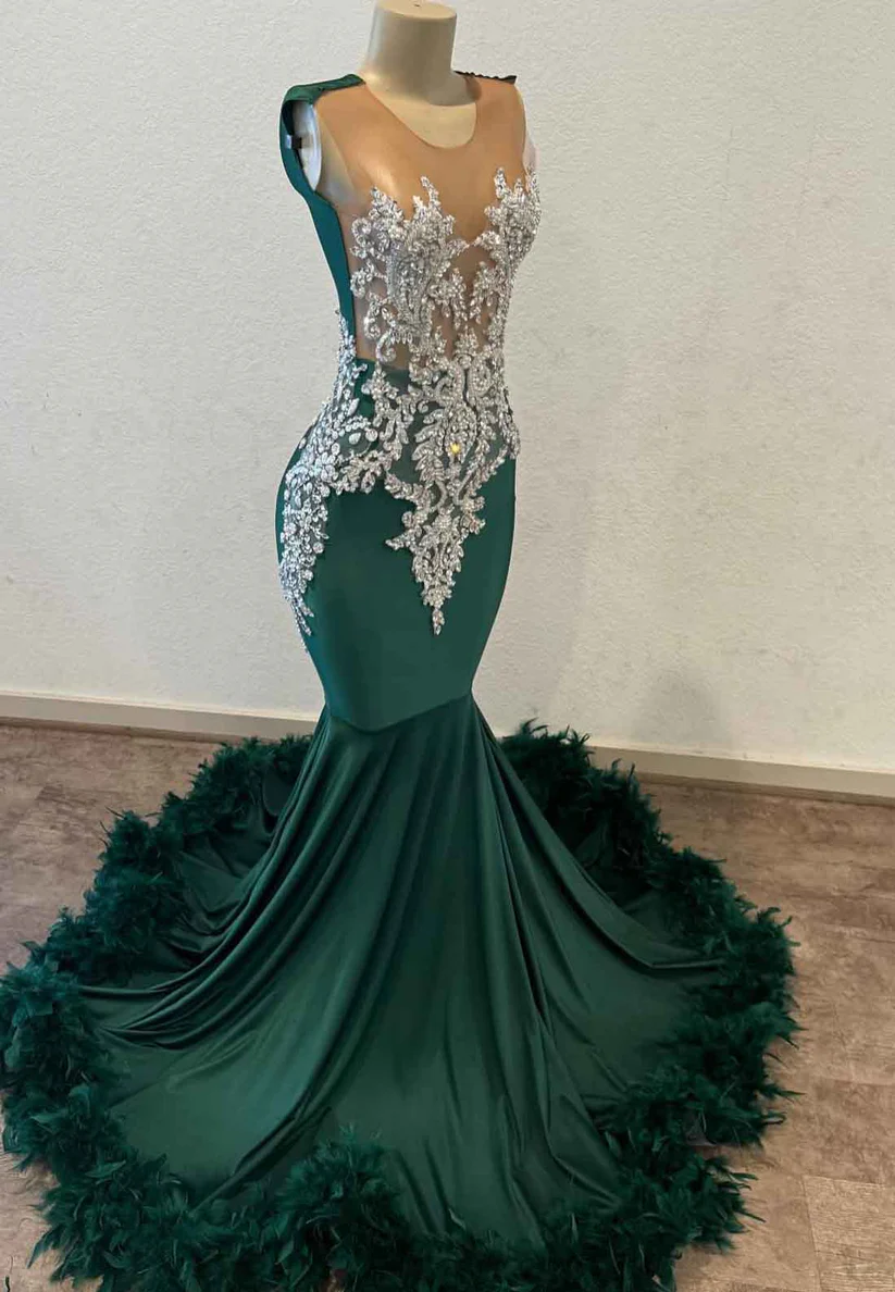 V-Neck Beaded Pleated Feathered Sparkly Prom Dress for Black Girls ...